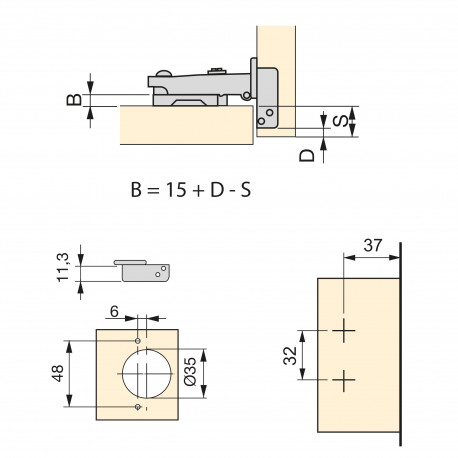 [Emuca] Kit charniere droite X91N et embase - 1011052