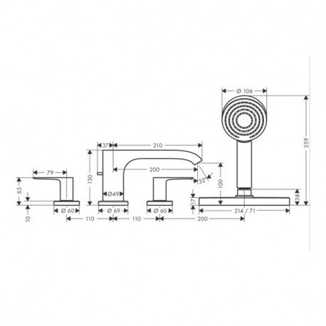 Robinetterie baignoire mélangeur Hansgrohe Vivenis - 4 trous - Sur bord ...