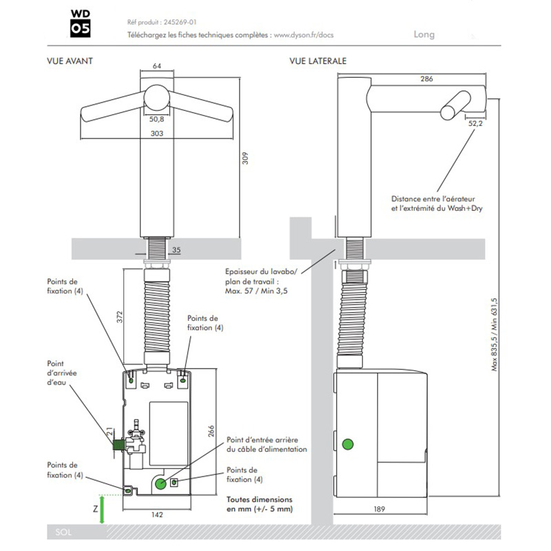 Robinet sèche-mains surélevé Airblade Wash + Dry sur lavabo WD05 Dyson ...